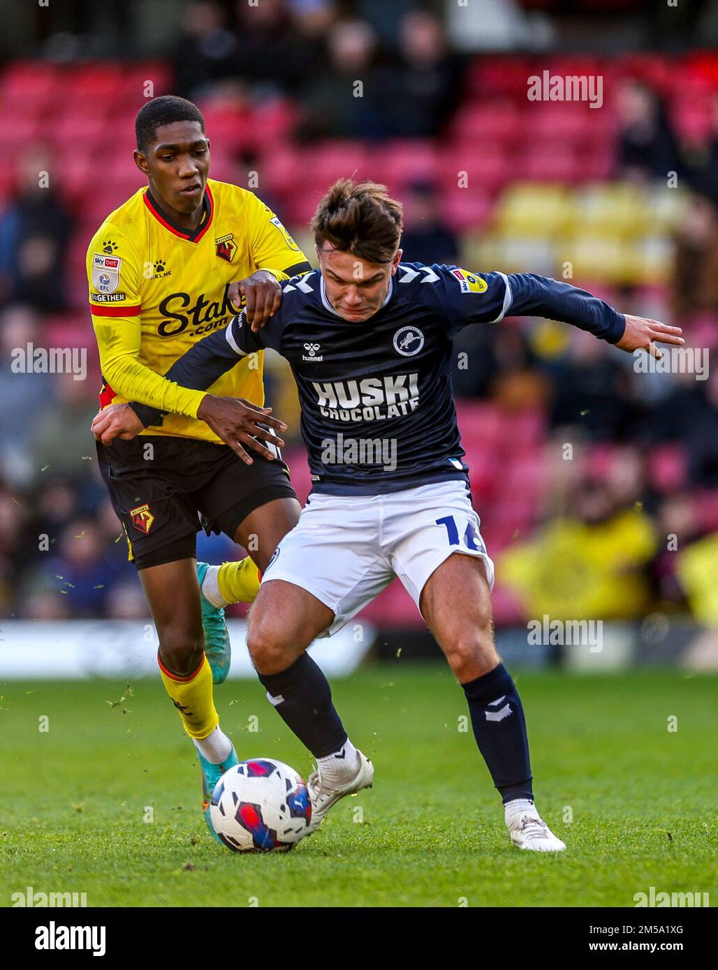 Millwall's Jamie Shackleton and Watford’s Yaser Asprilla battle for the ...