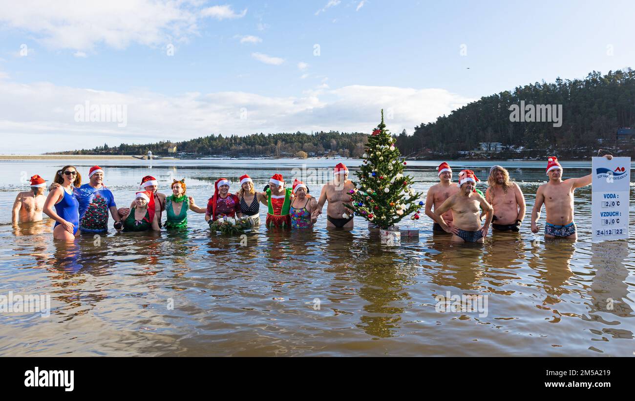A view of people wearing swimming swimming cloth during cold water ...