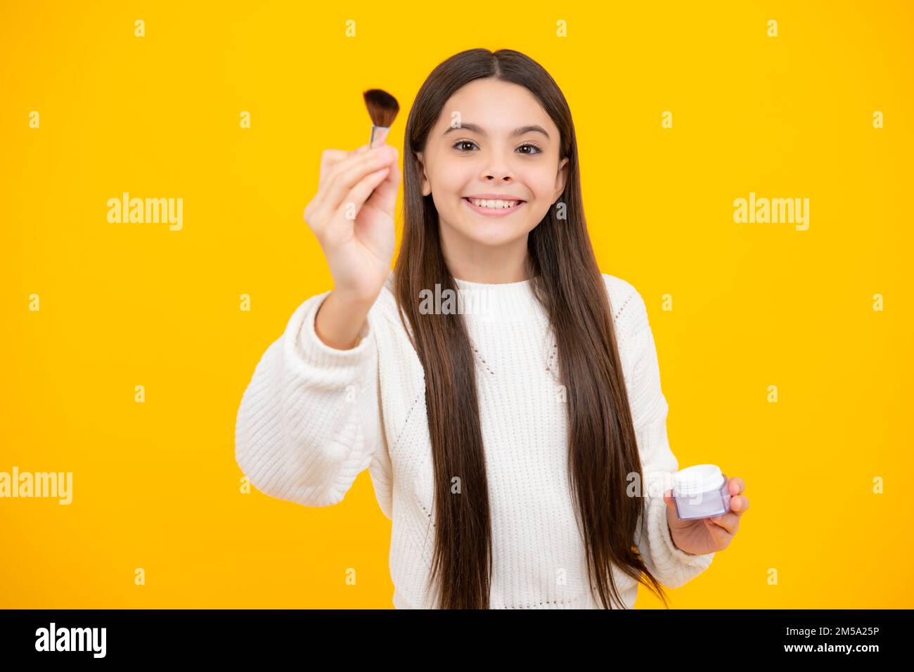 Beauty, make up and kids cosmetics. Teenage child girl with brush ...