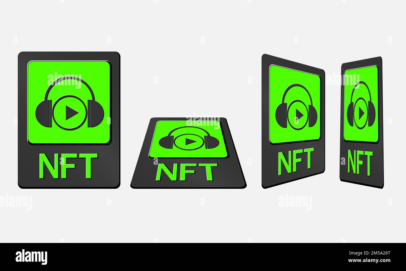 3D token NFT cards in crypto artwork. NFT card with music in perspective, top view in isometric ...