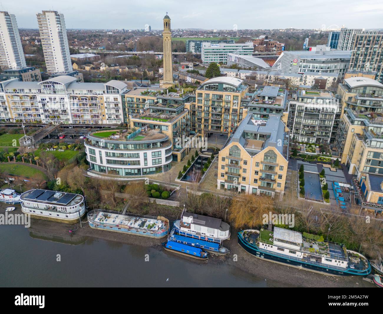 Aerial view of apartment blocks developed on the riverside of the River ...