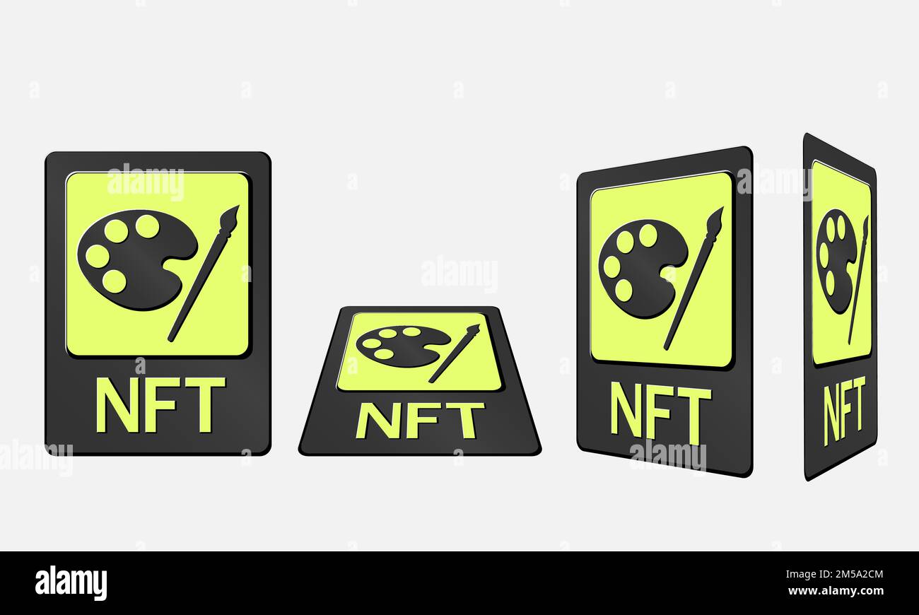 3D token NFT cards in crypto artwork. NFT card with art in perspective, top view in isometric ...