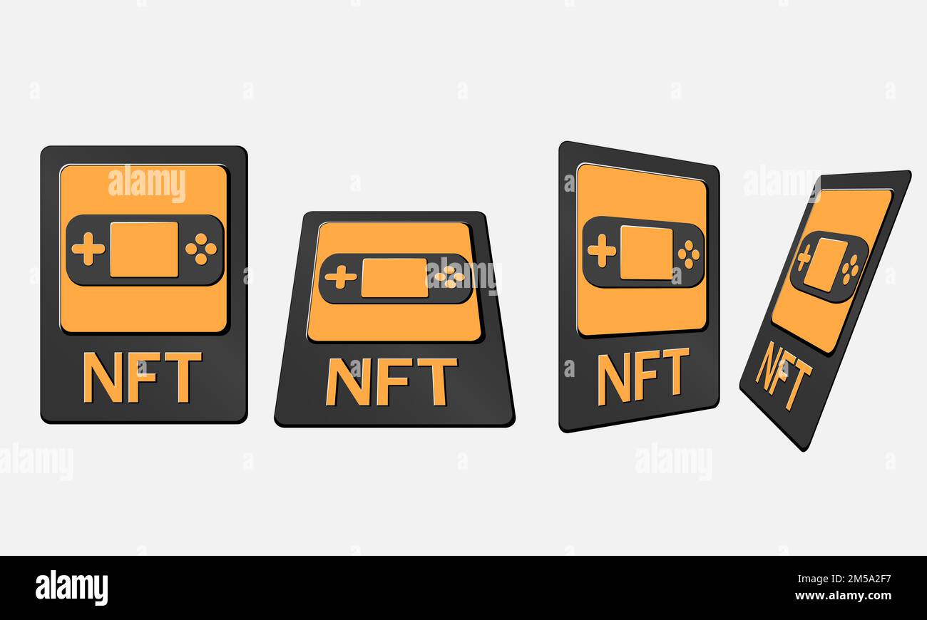 3D token NFT cards in crypto artwork. NFT card with game in perspective, top view in isometric ...