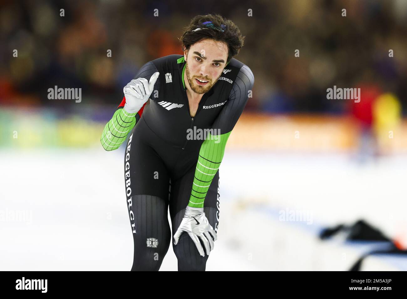 HERENVEEN - Patrick Roest reacts after the 5000 meters during the first ...