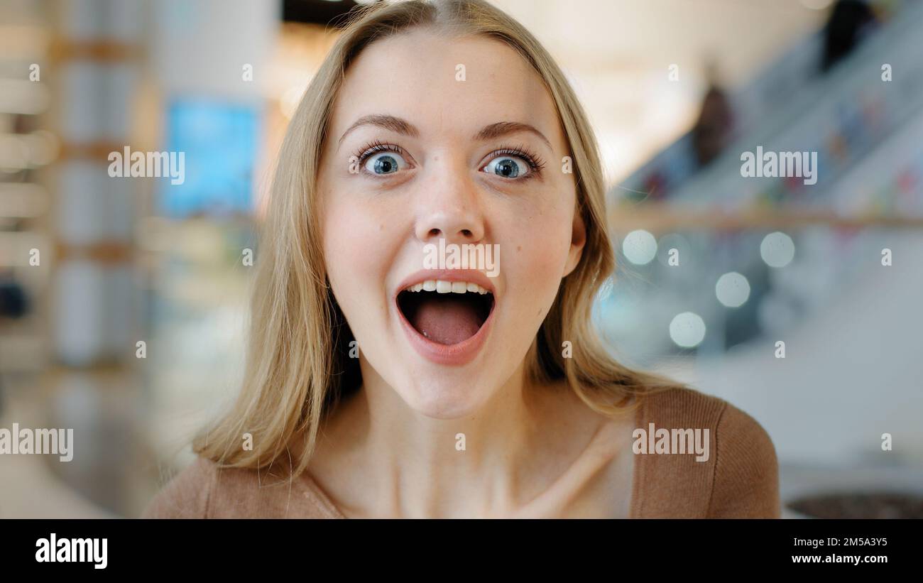 Portrait Blonde Happy Model Girl 20s Woman Female Lady Winner Surprised Enthusiastic Looking At