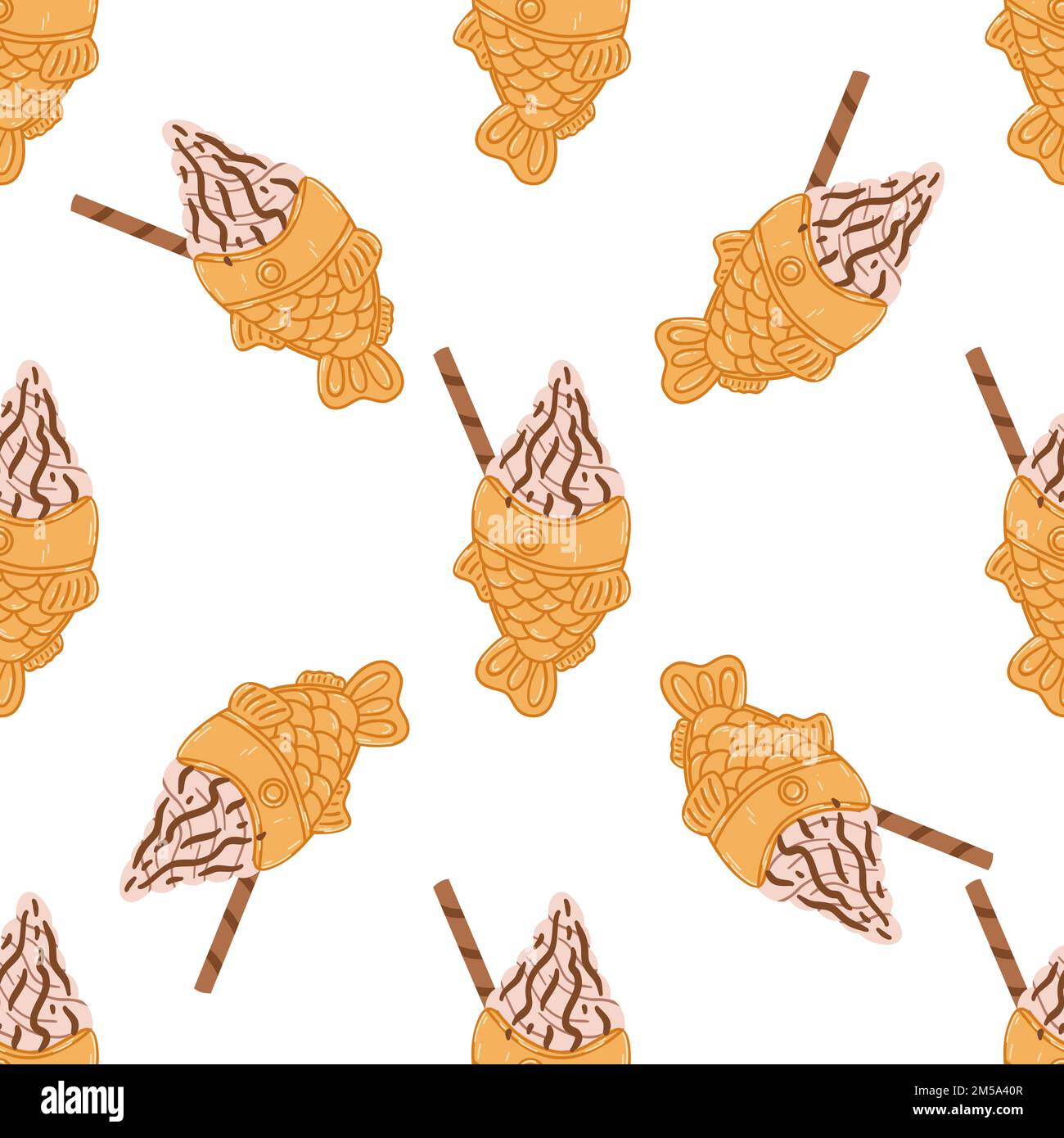 Seamless pattern with taiyaki fish-shaped ice cream cone in cartoon ...