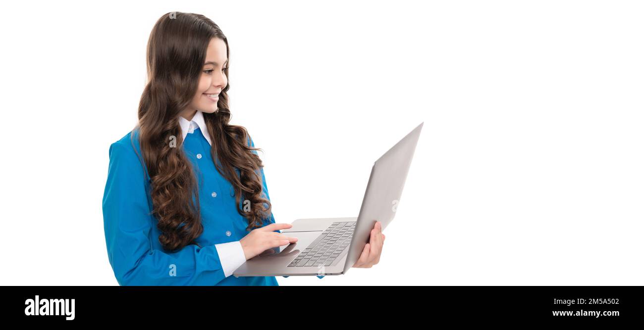 typing school blog on computer. kid on video lesson. teen girl use ...