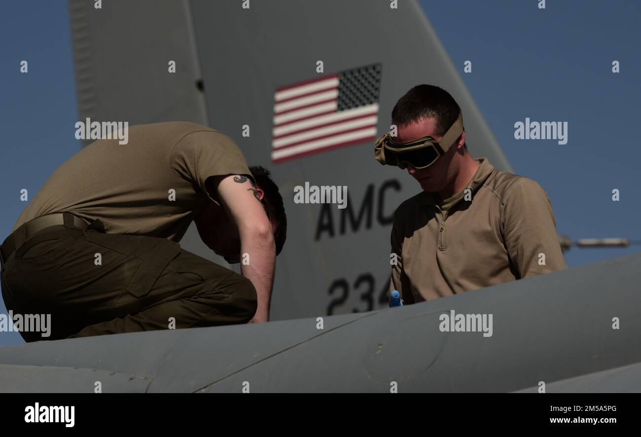 U.S. Air Force Airmen assigned to the 379th Expeditionary Aircraft ...