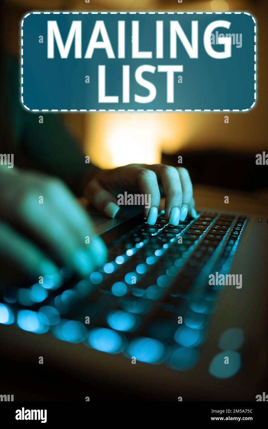 Text showing inspiration Mailing List. Word Written on list of people ...