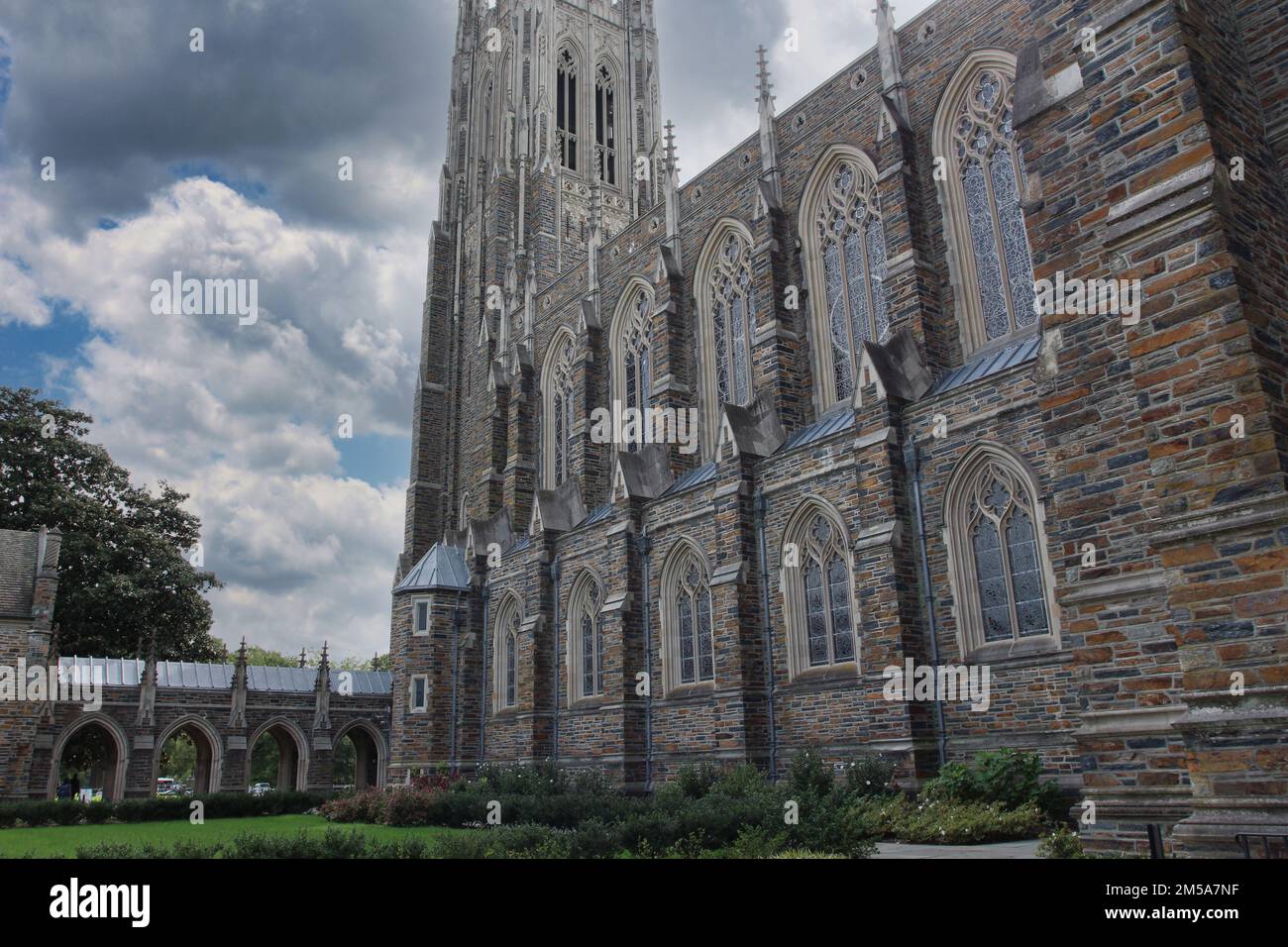 In a courtyard looking at the exterior of Duke University Chapel, an ...