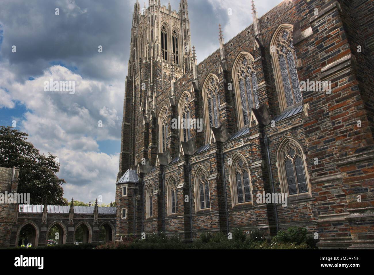 In a courtyard looking at the exterior of Duke University Chapel, an ...