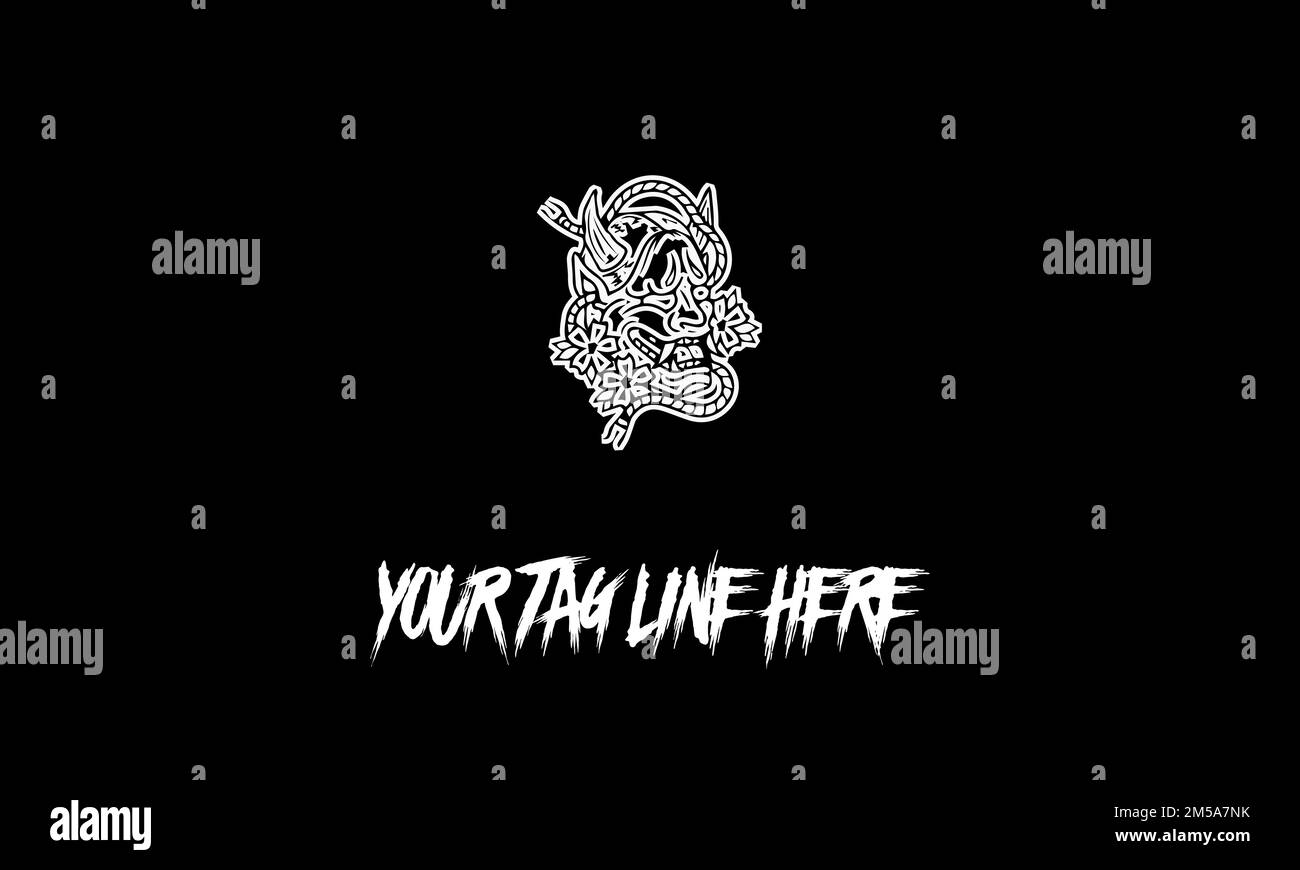 A company or brand logo of a demon isolated on a dark gray background ...