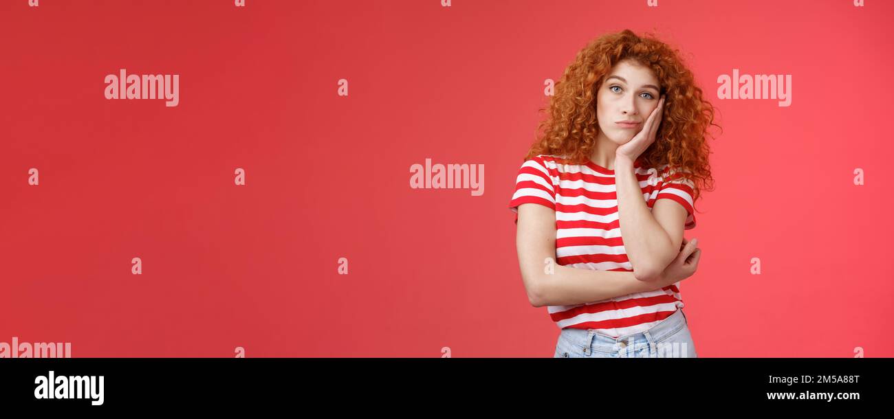 Playful redhead gorgeous girl feel sad lacking energizing party lean ...