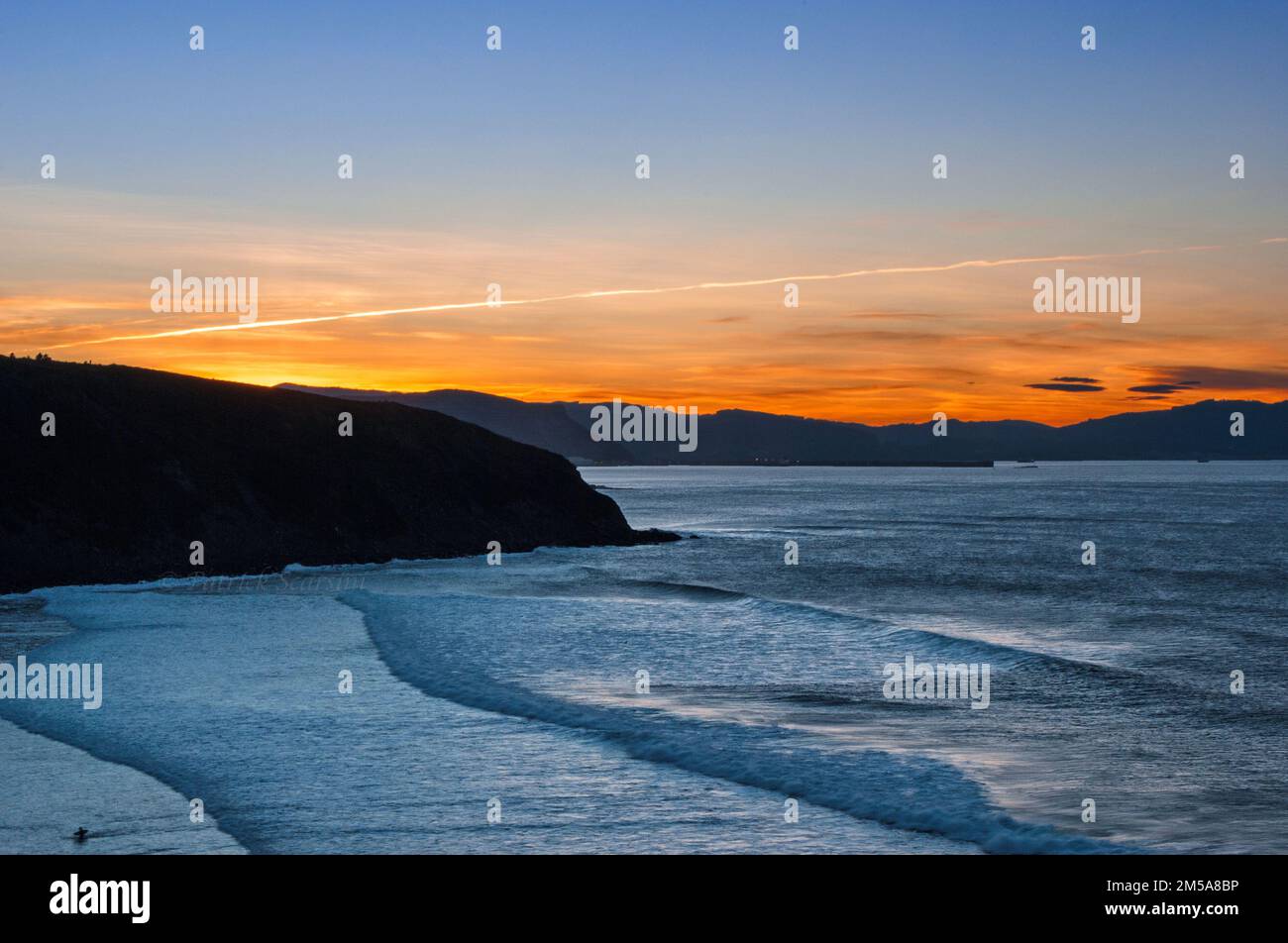 Panorama of the Spanish coasts of the Basque Country with sunset. View ...