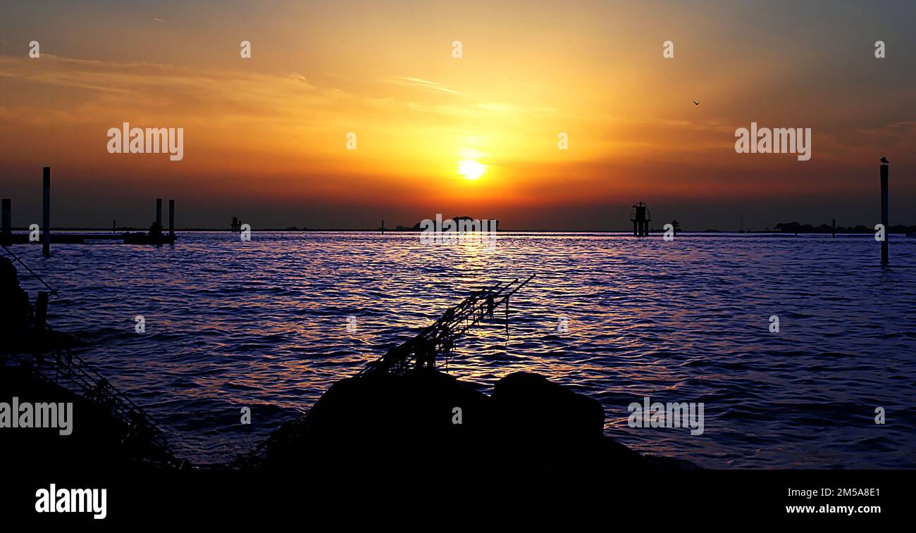 Beach seascape horizon. Orange and golden sunset sky calmness relaxing ...