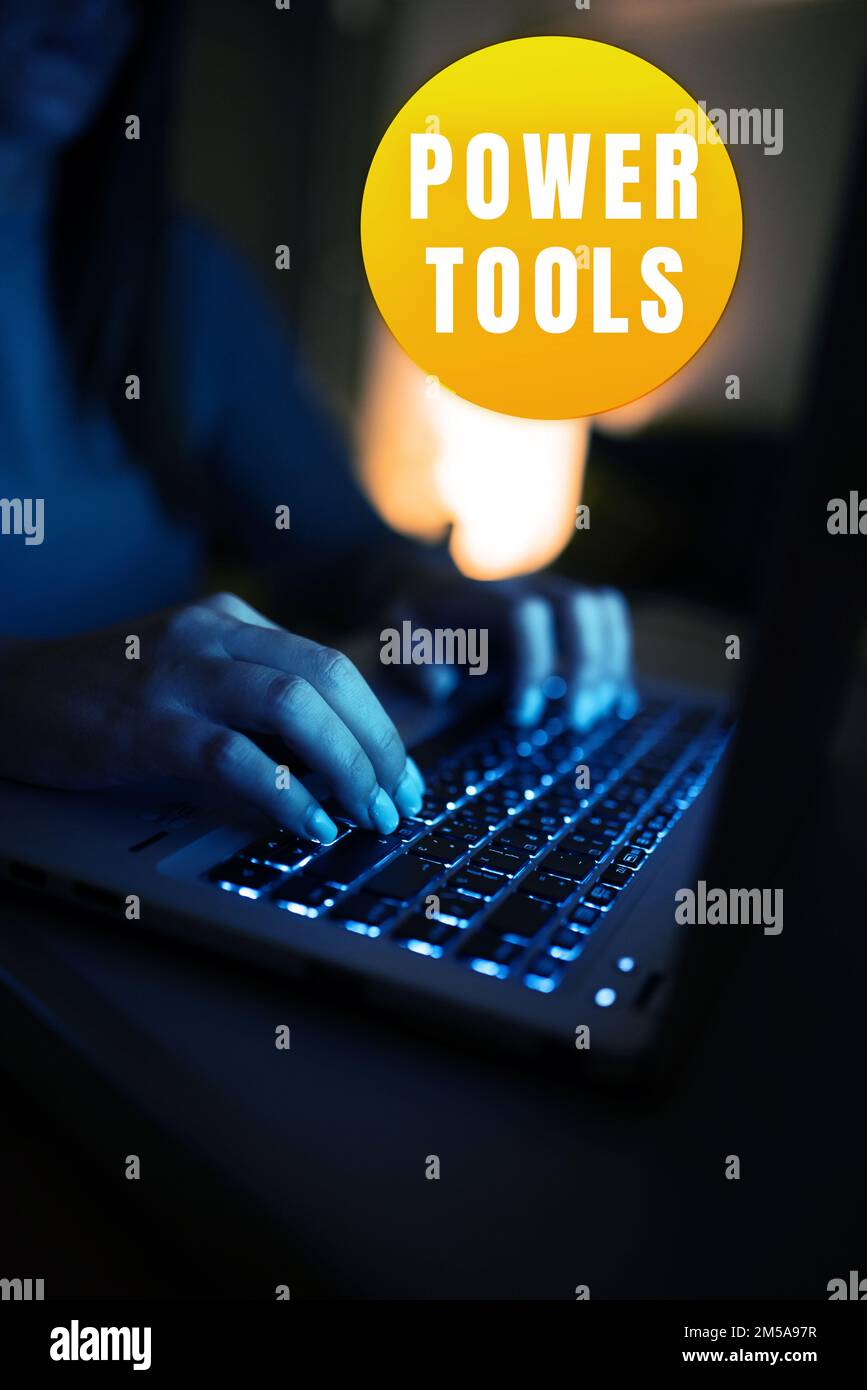 Text showing inspiration Power Tools. Word for tool that is actuated by ...