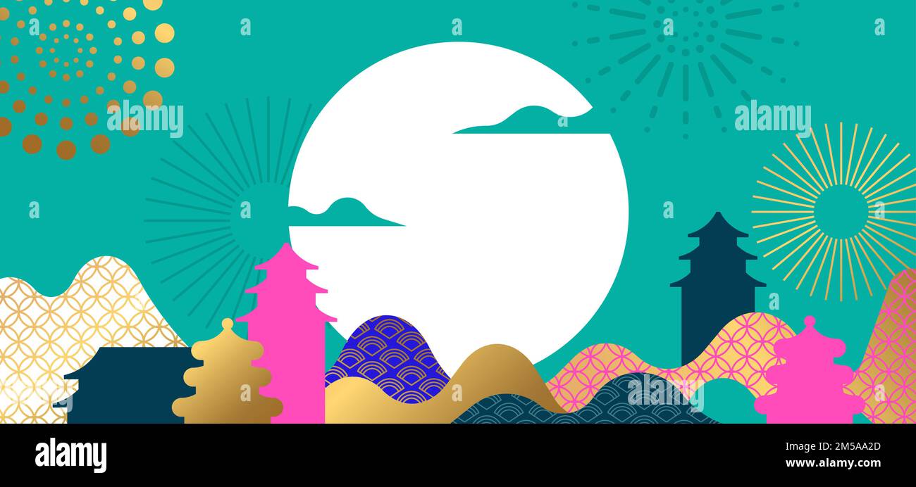 Colorful chinese celebration template. Luxury gold asian landscape in ...
