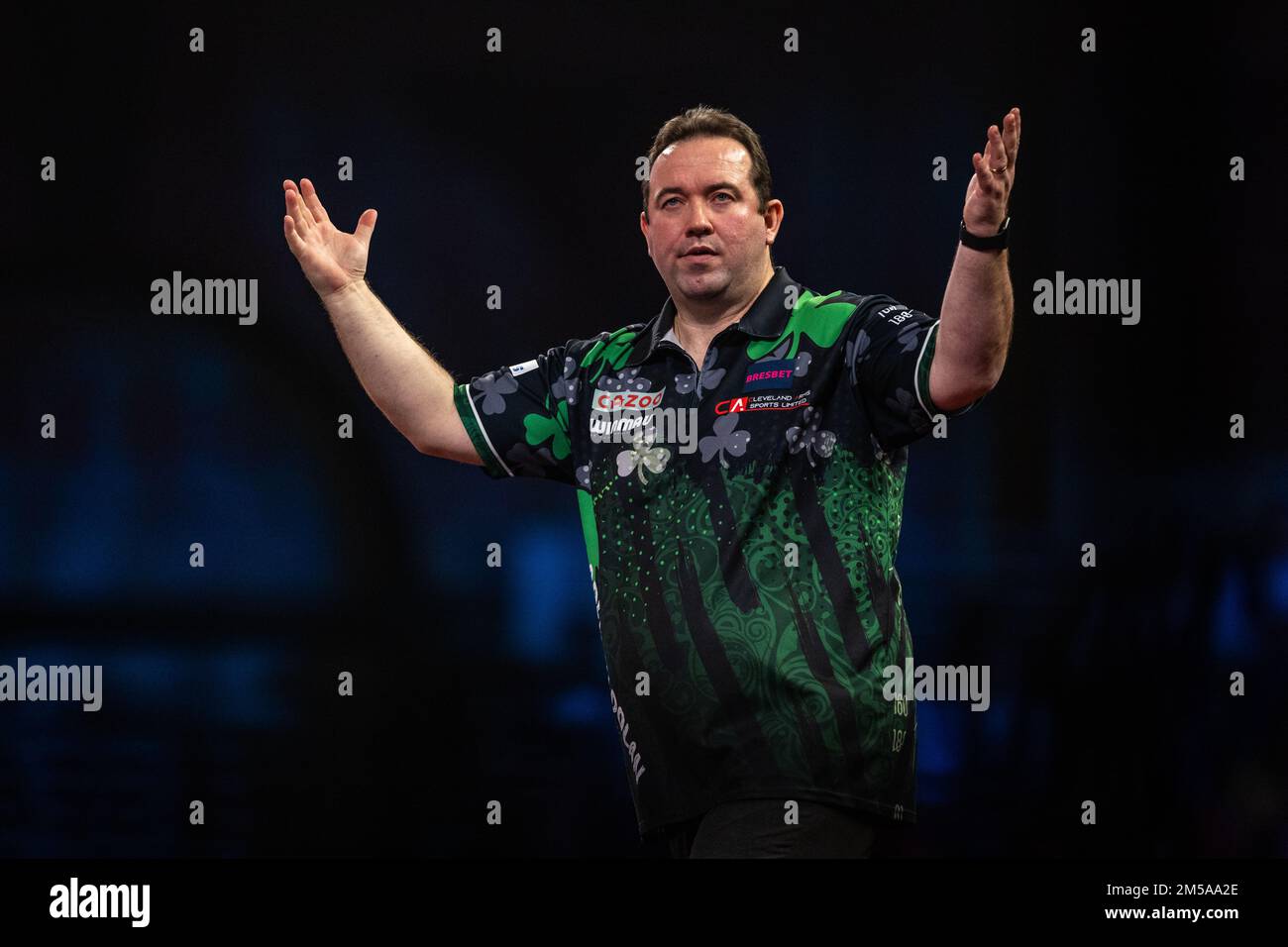 Brendan Dolan reacting during day ten of the Cazoo World Darts ...