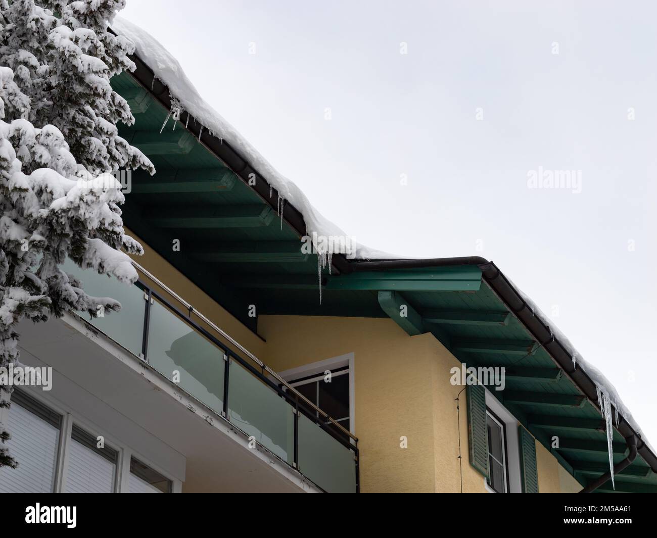 Snow and icicles on a wooden rooftop. Looking up to a roof gutter of a ...
