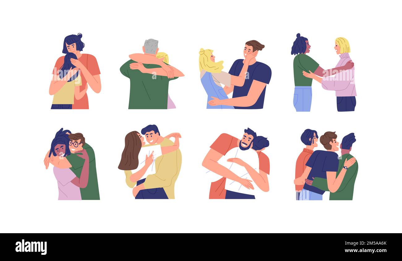 Big set of diverse happy people hugging together, different relationships hug collection on ...