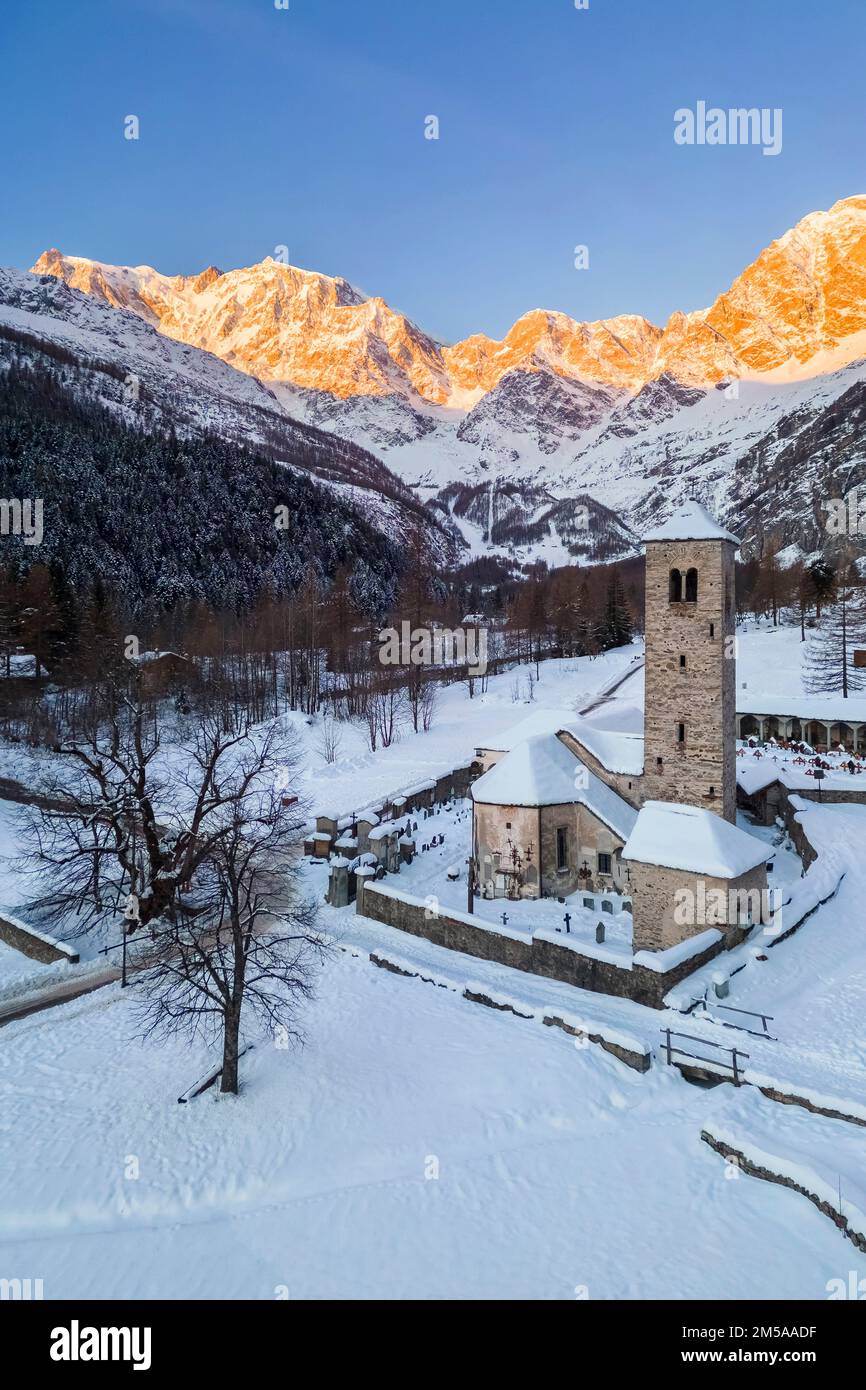 Sunrise in front of Monte Rosa from the old church of Macugnaga in ...