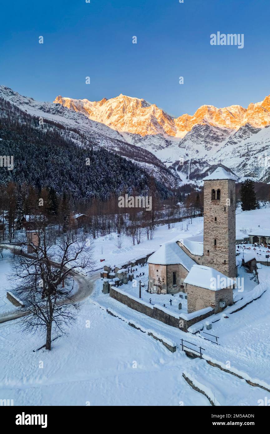 Sunrise in front of Monte Rosa from the old church of Macugnaga in ...