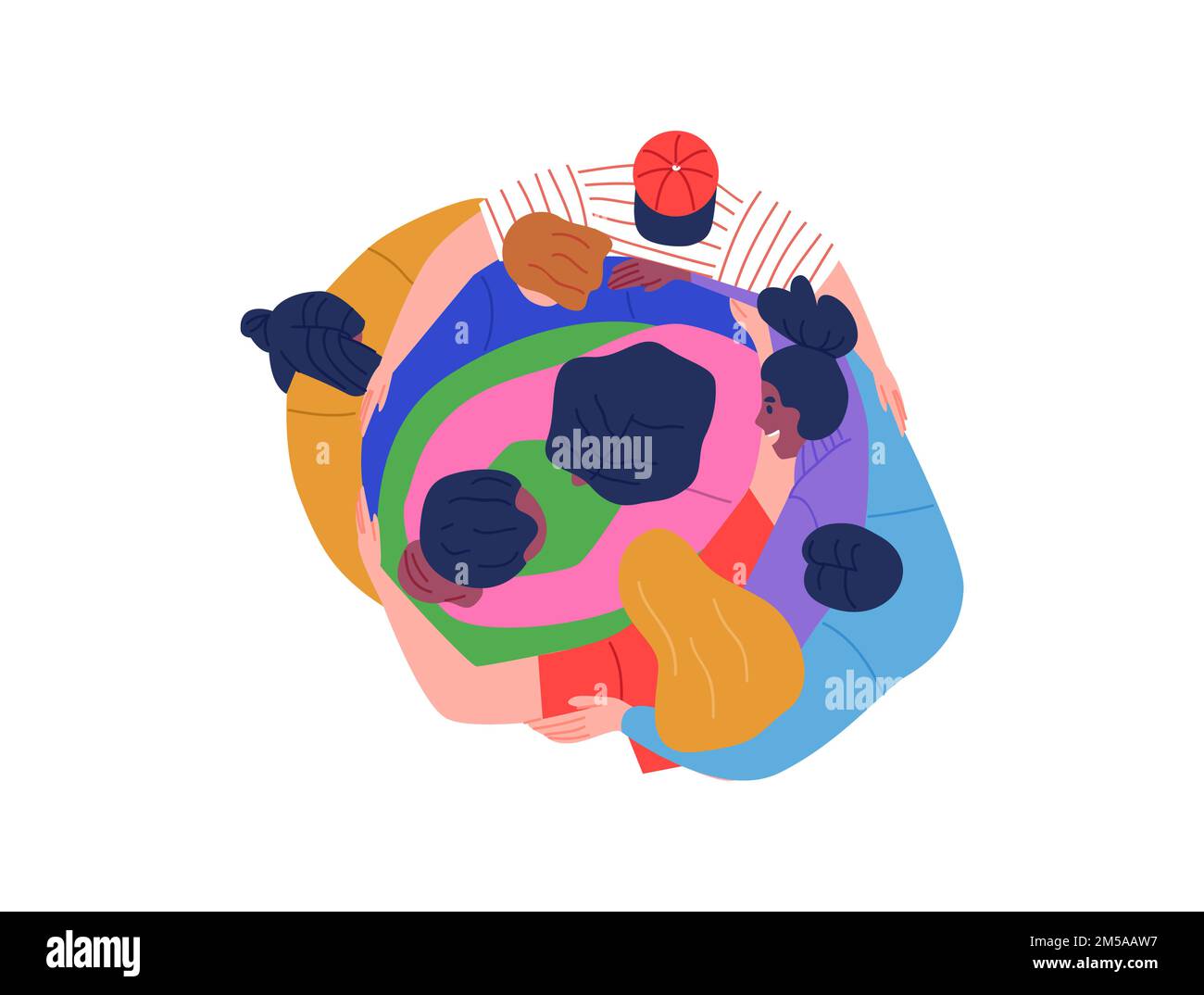 Diverse colorful people group hugging together on isolated background ...