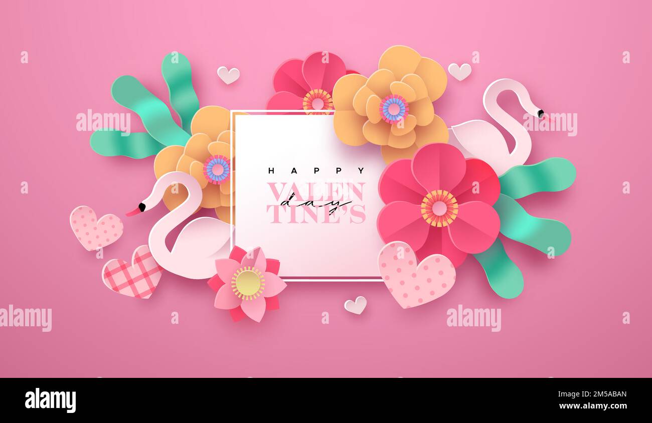 Happy Valentine's Day floral greeting card illustration in realistic 3d ...