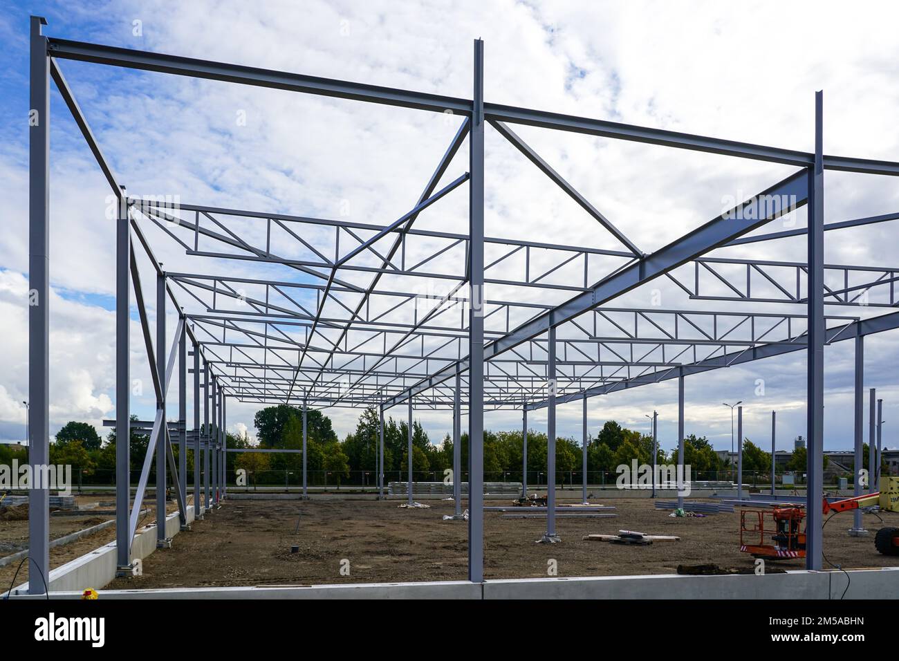 Assembled steel framework of new modern warehouse building with ...