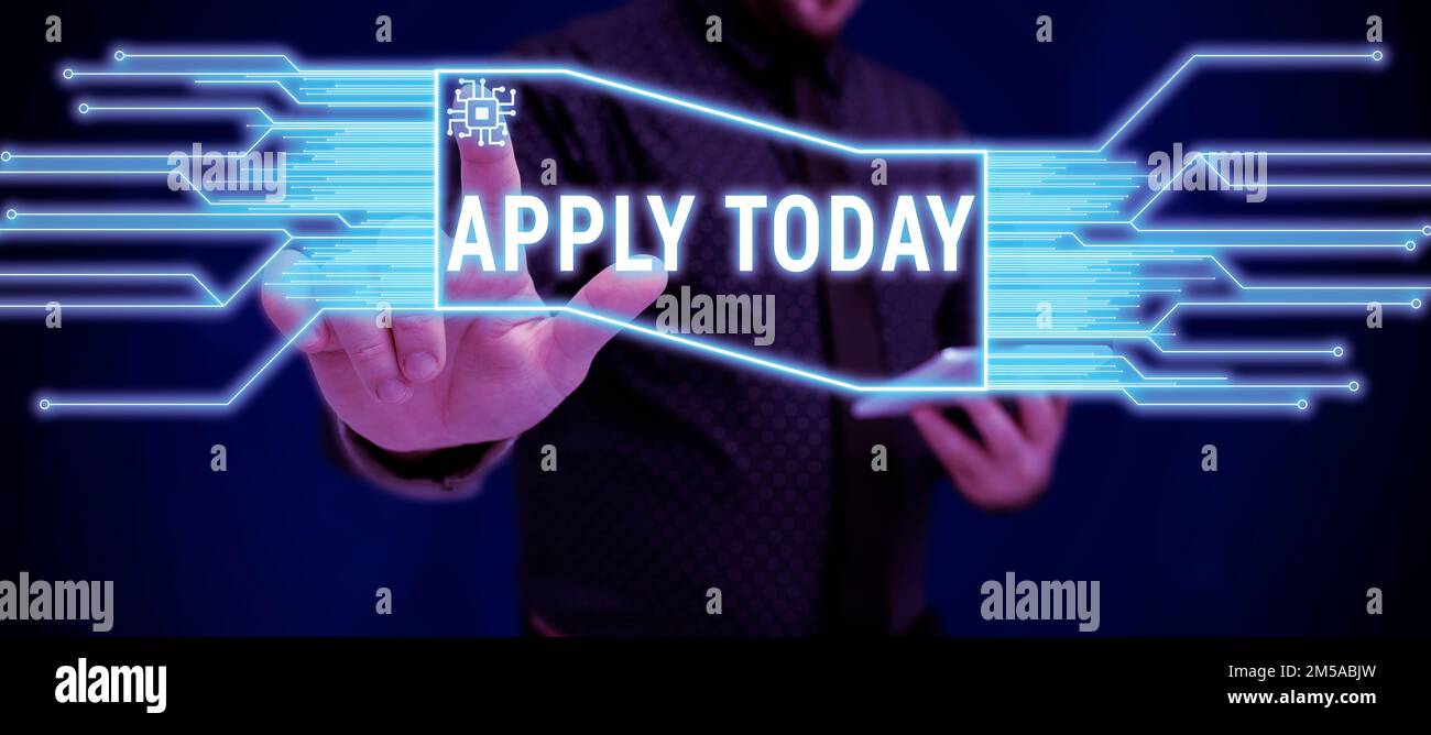 Hand writing sign Apply Today. Business concept to request something ...