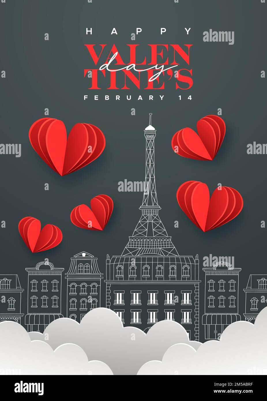 Happy Valentine's Day greeting card illustration. Cute paris city chalk ...