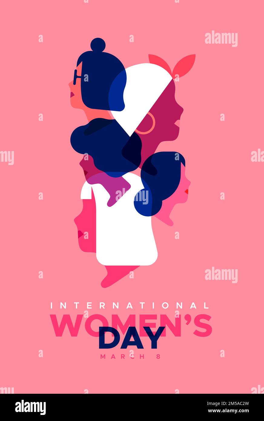 International Women's Day greeting card illustration. Diverse pink ...