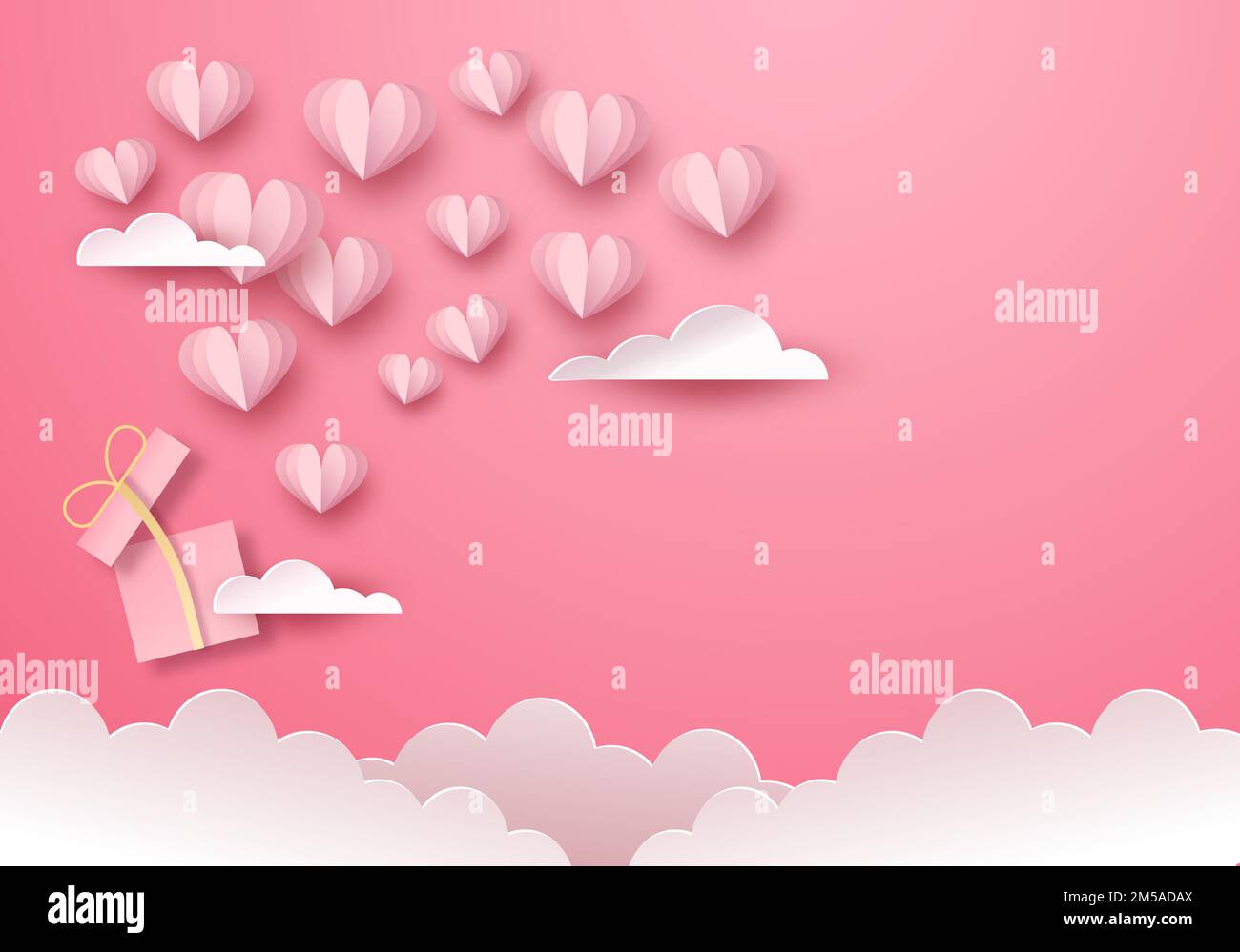 Papercut open pink gift box in cloud sky with 3d hearts for valentine's ...