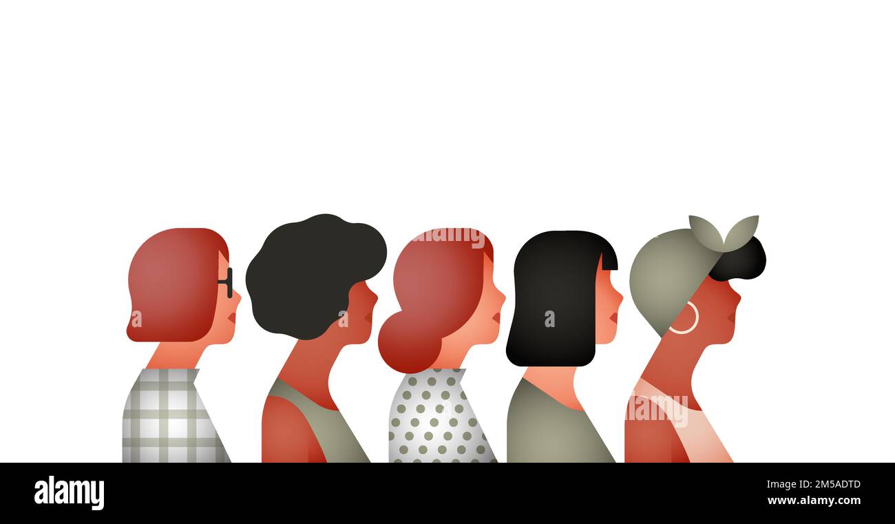 Diverse young women characters together on isolated white background ...