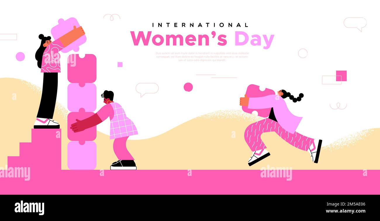 Women's Day greeting card illustration of diverse woman team building ...