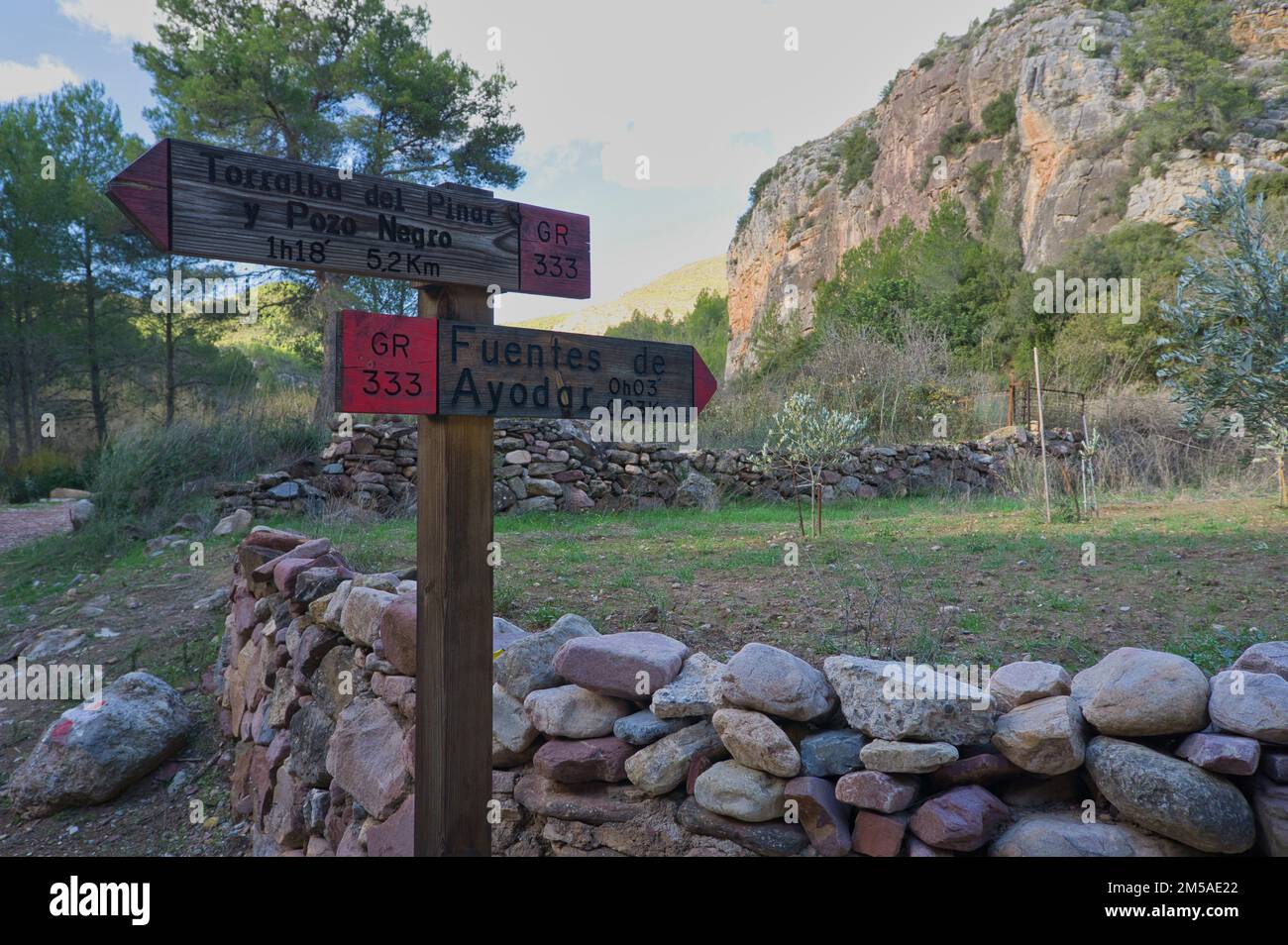 A closeup of a wooden directional signpost beside a dirt road Stock ...