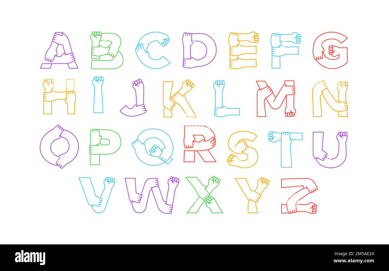 Colorful full alphabet letter character set of diverse human hands ...