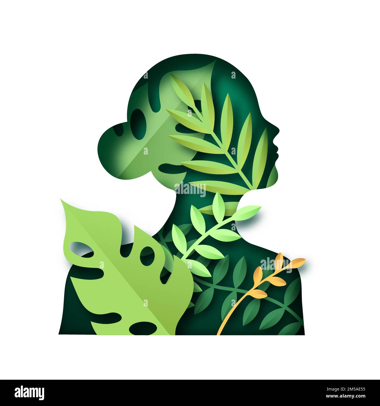 Papercut woman silhouette shape with green plant leaf and nature ...