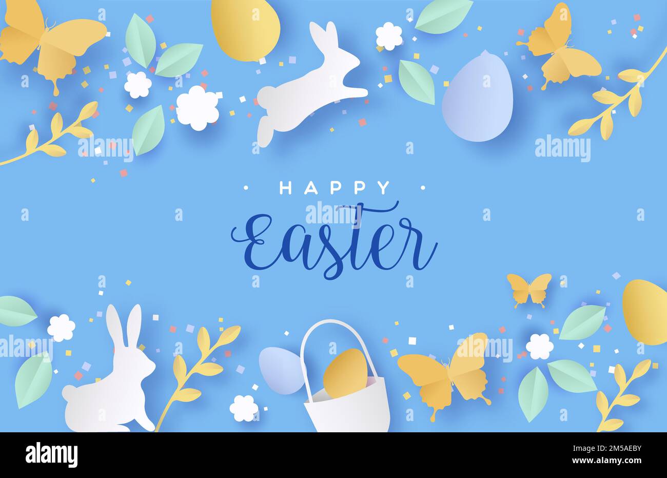 Happy easter papercut greeting card of 3d paper craft spring icons ...