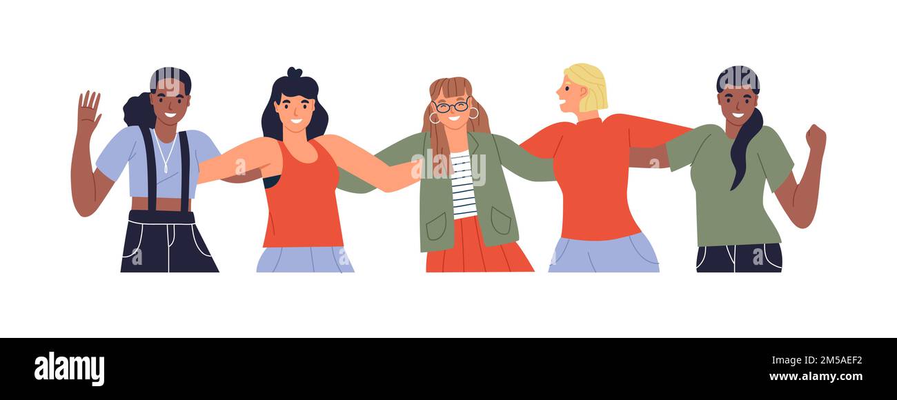 Diverse happy young woman friend group. All female team characters ...