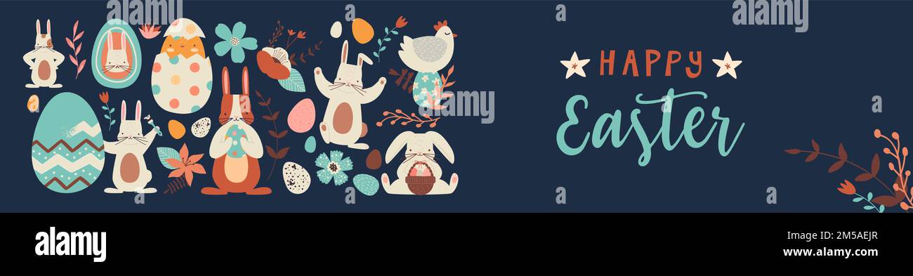 Happy Easter cute cartoon web banner illustration of baby rabbit and ...