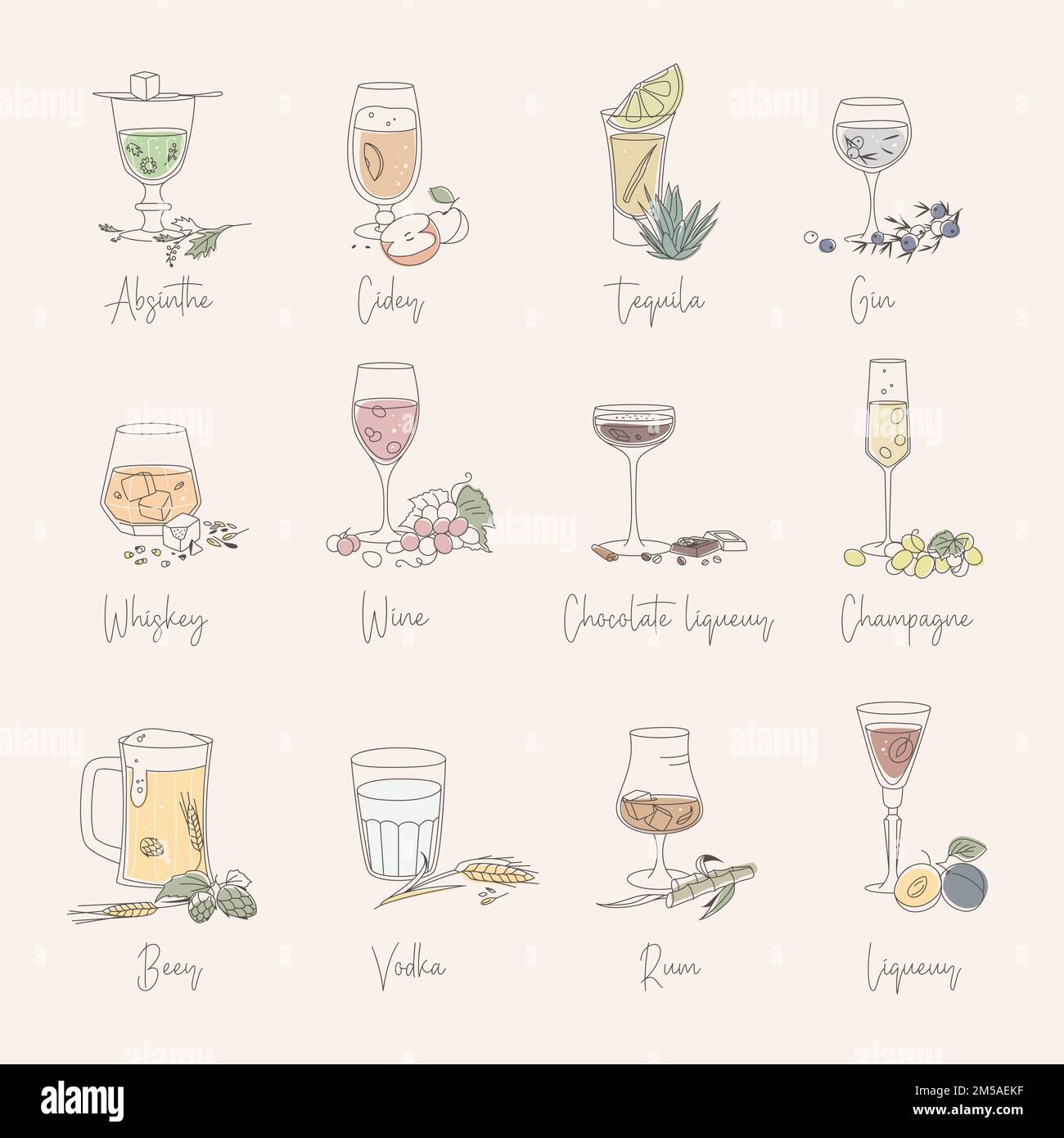 Icons set of various alcohol types with components in different glasses ...