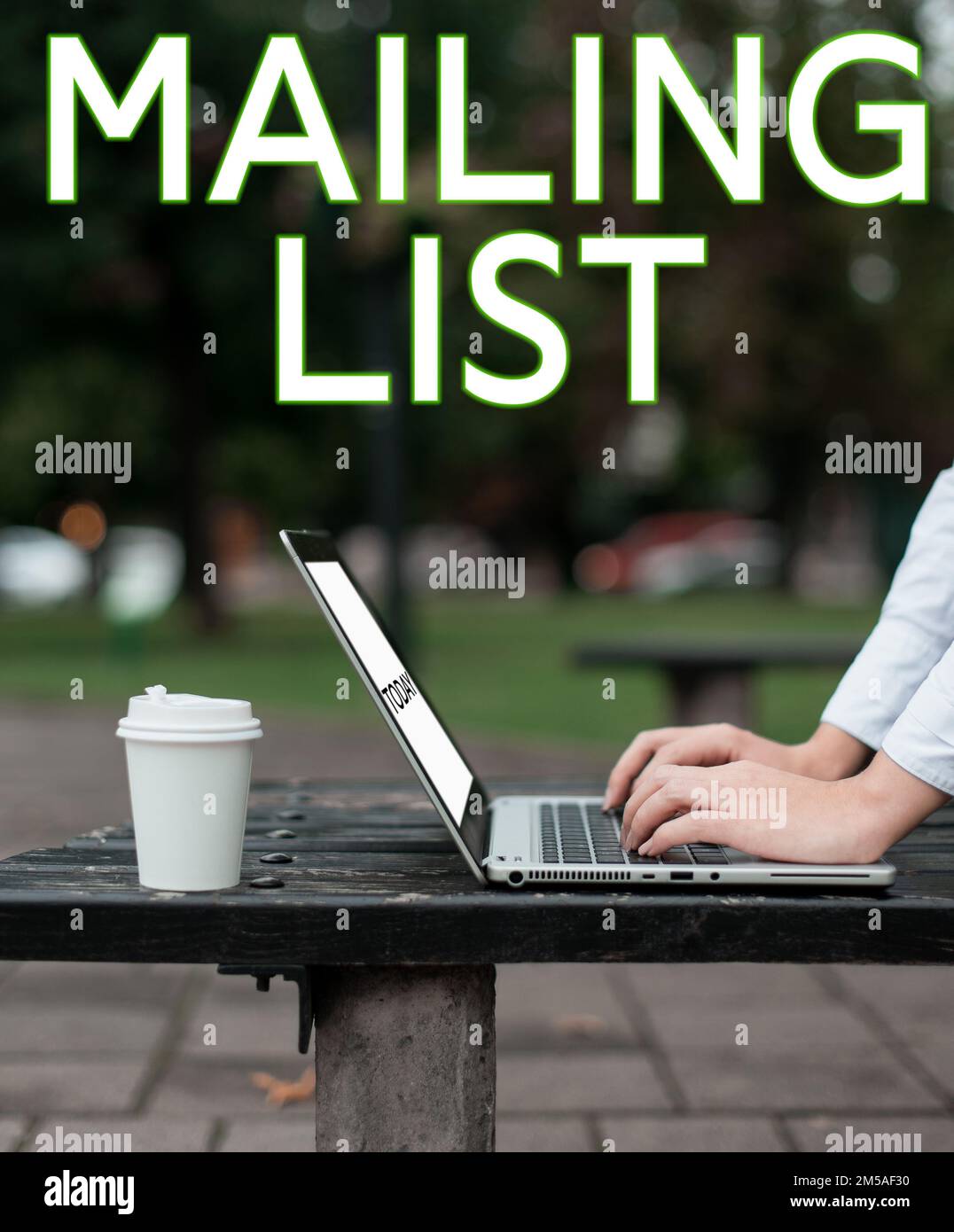 Text sign showing Mailing List. Business overview list of people who subscribe to a periodic ...