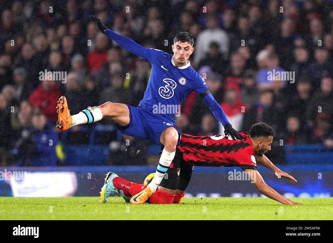 Chelsea's Kai Havertz (left) and Bournemouth's Lloyd Kelly battle for ...
