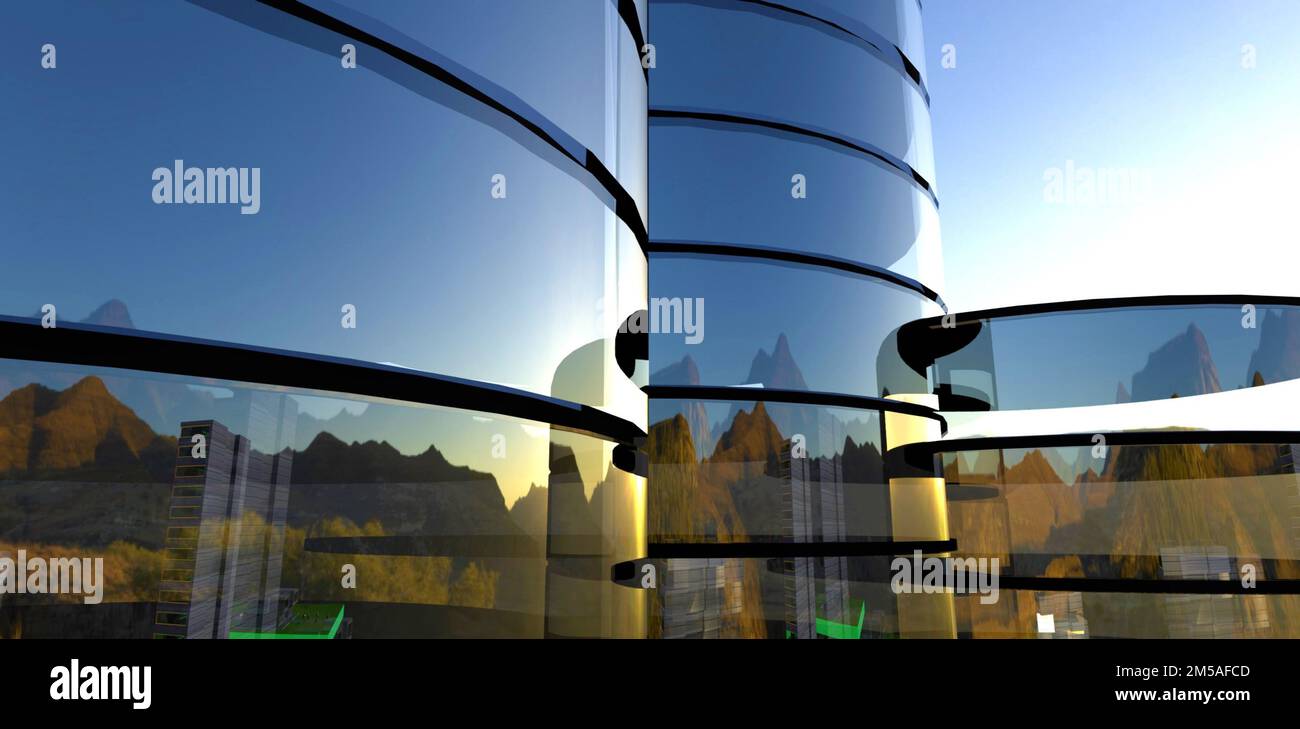 Glass facade of round towers. Reflection of the mountains illuminated ...
