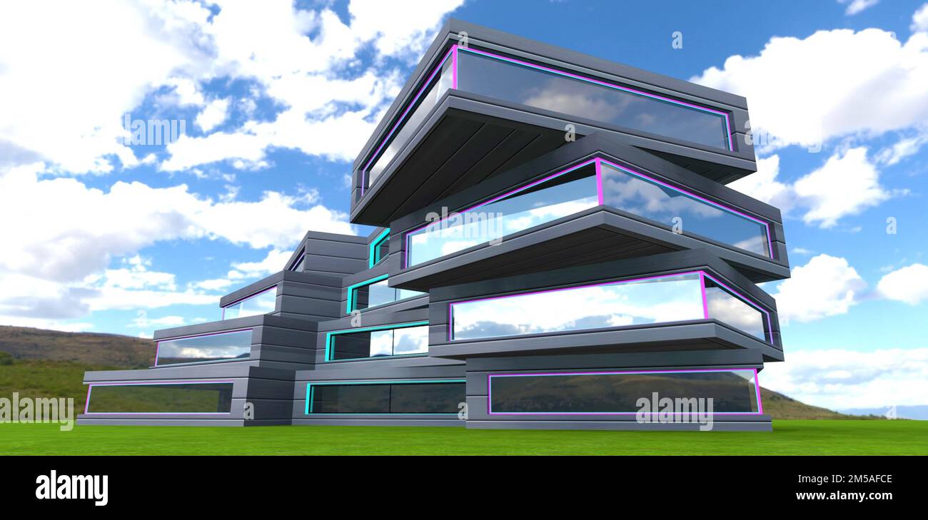 Amazing house of the fantastic shape built on a beautiful meadow. 3d ...