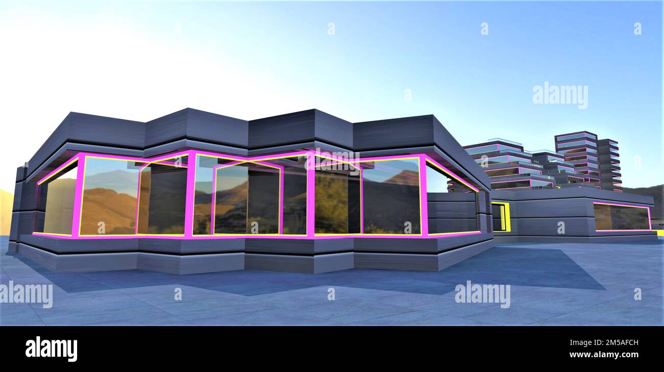 Entertainment pavilion with illuminated window frames in a new sunny ...