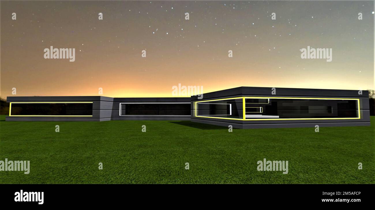 The concept of futuristic private housing. Illumination of window ...