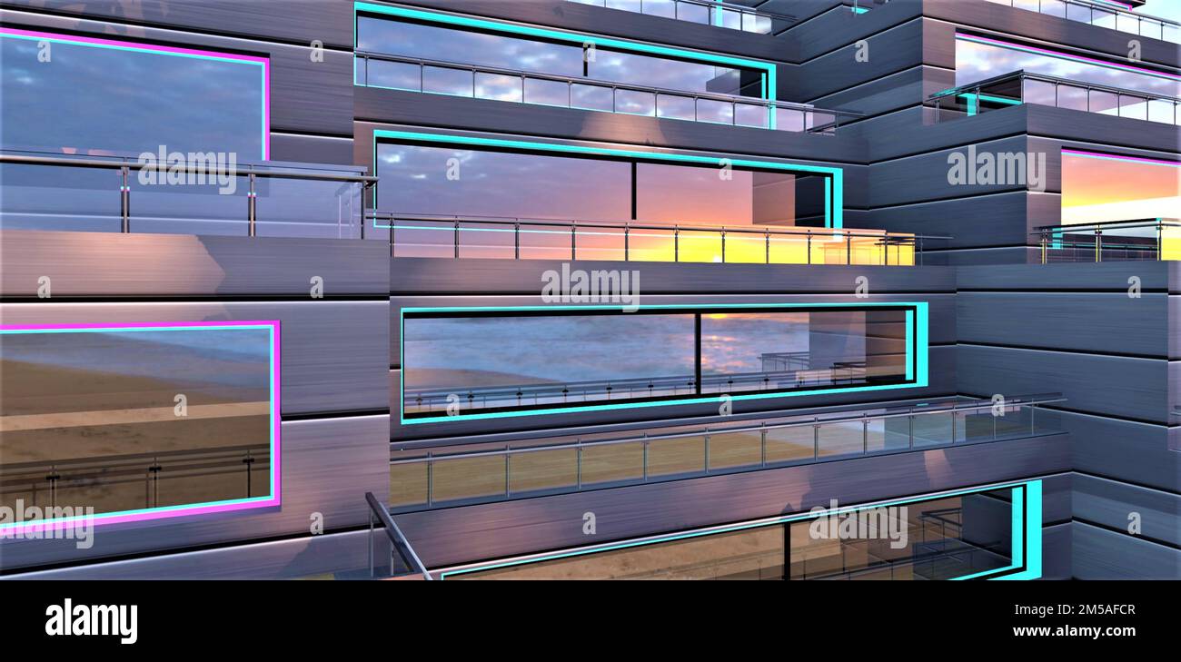 An attractive sunset over the sea is reflected on the panoramic windows ...