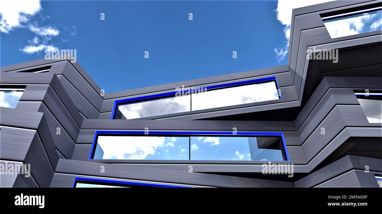 Unusual shape of the facade of the property. Bottom view against a blue ...